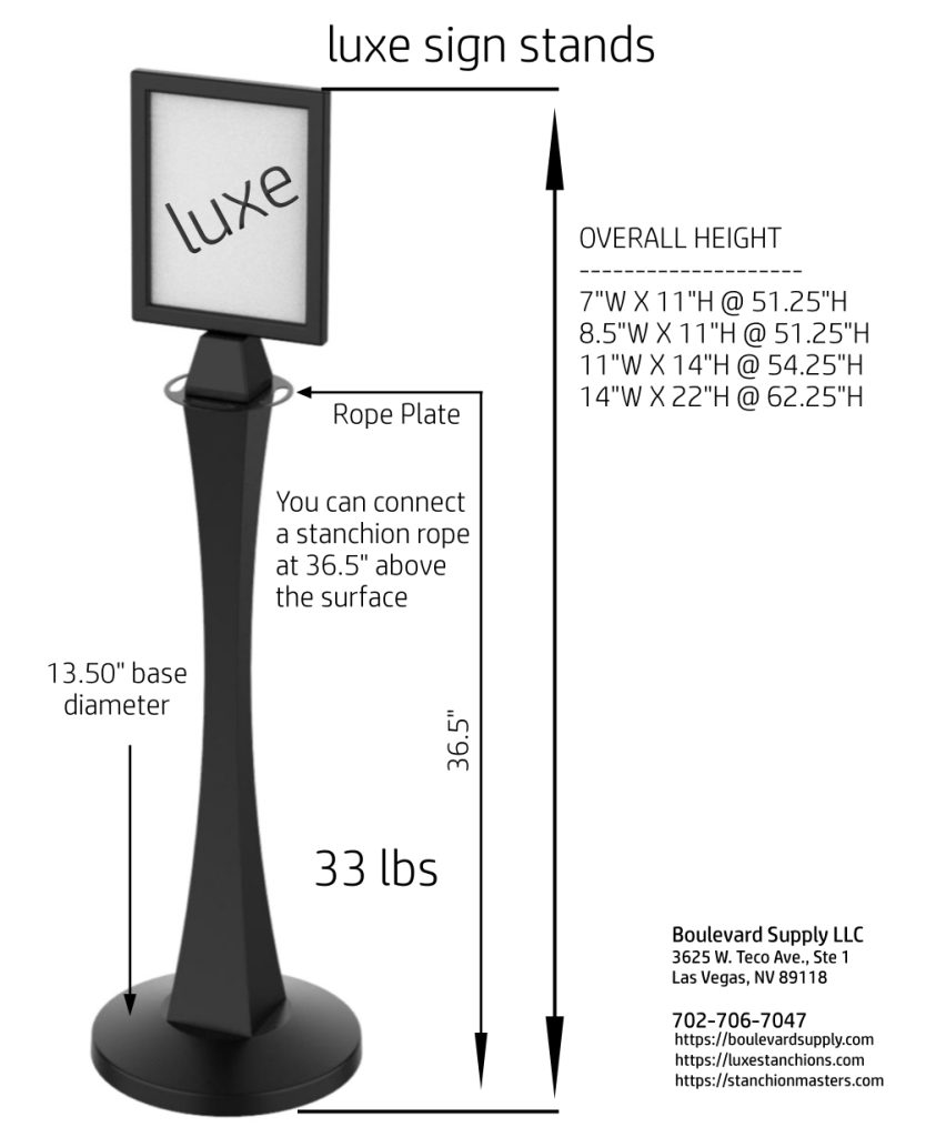Luxe Luxury Sign Stand Spec Sheet, Dimensions and Color Options
